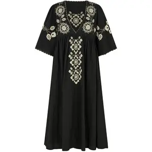 RAFFYA Arianna V- Neck Embroidered Maxi Dress - Black