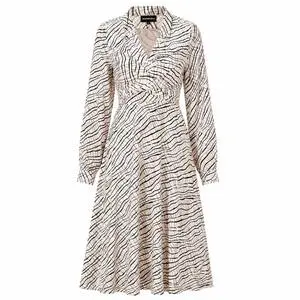 SMART AND JOY Cross Drape V Neckline Flared Printed Dress Beige And - Brown