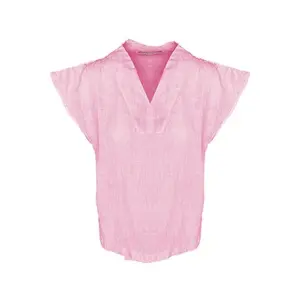 Haris Cotton Linen V-neck Blouse With Short Flutter Sleeves Powder - Pink