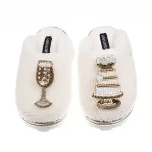 LAINES LONDON Embellished Teddy Towelling Closed Toe Slippers - White