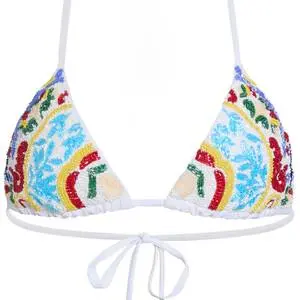 SELF-ADORE White / Red Limoncello Hand-beaded Embellished Bikini Top - White/red