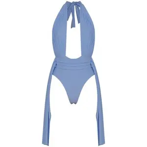 ANTONINIAS Deep Plunge Halterneck Swimsuit With Decorative Belt - Blue