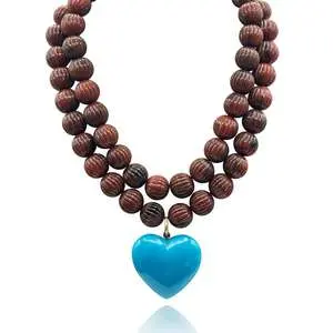 MICHAEL NASH JEWELRY Amour" Carved Tortoise Resin Beaded Necklace With Turquoise Resin Heart Pendant - Blue/brown