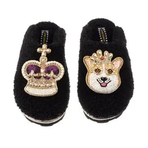 LAINES LONDON Teddy Towelling Slippers With Corgi And Crown Embellishments - Black