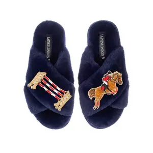 LAINES LONDON Classic Slippers With Equestrian Brooches - Blue