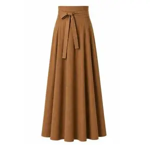 NIKKA PLACE High Waisted Cotton Maxi Skirt With Tie Belt - Brown