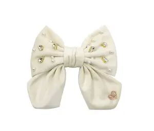 MISS CICCONI Samanta Bow Hair Clip Ivory Velvet With Crystals & Pearls - White
