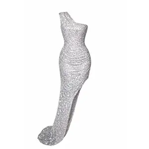MONICE LONDON Mimi Asymmetric Sequin One-shoulder Gown - White