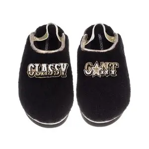 LAINES LONDON Flatform Cloud Slippers With "classy" And "cunt" Brooches - Black/gold
