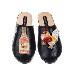 LAINES LONDON Softie Slippers With Chicken Wine Brooches - Black