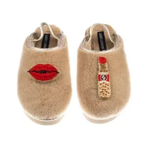LAINES LONDON Embellished Flatform Slippers With Lipstick And Lips Motifs - Brown/gold