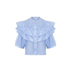 AOIFE® Short Sleeve Ruched Cotton Silk Blouse - Blue