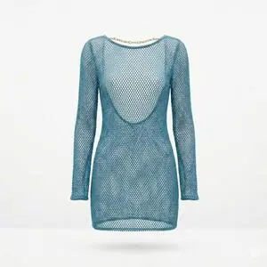 WOMEN & WOMEN Metallic Turquoise Mesh Cover-up Dress With Chain Detail - Blue