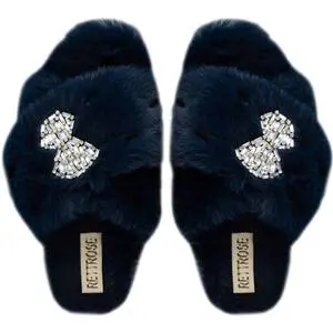 RETTROSE Rettrose Fefe Luxury Plush Embellished Slipper Blue