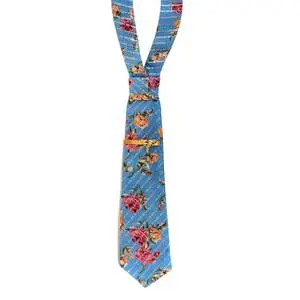 NANDANIE Floral Printed Lurex Petite Necktie + Tie Bar - Blue