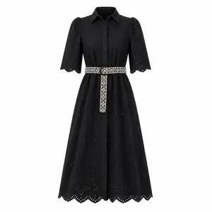 IZABELA MANDOIU Broderie Anglaise Midi Shirt Dress - Black