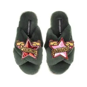 LAINES LONDON Embellished Faux Fur Slippers With Removable Brooches - Green