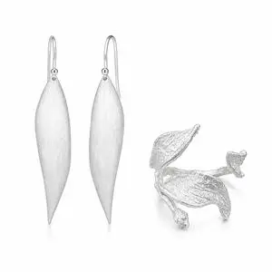 ORMIRO Wind Leaf Sterling Ring & Earrings Jewelry Set - Silver