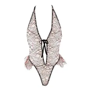 BELLE ET BON BON Valentine Soft Roses Sheer Parisian Lace Thong Back Sylvie Body - Black