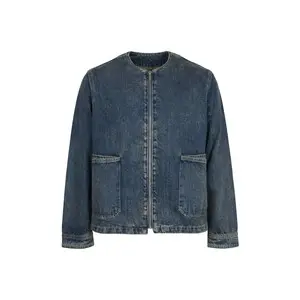 MODENAIRE Washed Denim Jacket Relaxed Fit Clean Collarless - Blue