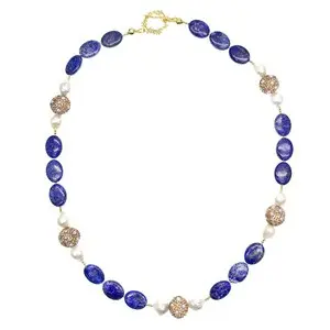 FARRA Lapis With Freshwater Pearl With Rhinestone Necklace - White/blue