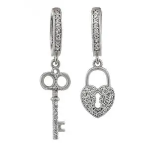EBRU JEWELRY My Heart Is Yours Key & Heart Lock Diamond Earrings - Silver