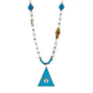 EBRU JEWELRY White / Gold / Blue Evil Eye Pendant White Beaded Mystic Symbol Necklace Blue - White/gold/blue