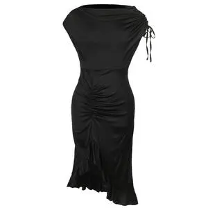SMART AND JOY One Shoulder Off And High Ruffle Slit Fitted Dress - Black