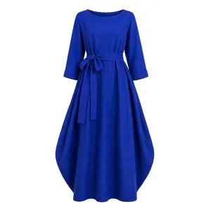 NIKKA PLACE Maxi Linen Balloon Dress With Belt - Blue