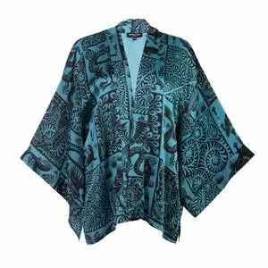 ARTEMIS MUSE Blue / Black Birds & Beasts Teal & Black Short Kimono