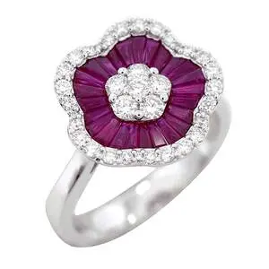 ARTISAN White / Red Ruby And Diamond Flower Ring In 18k White Gold - White/red