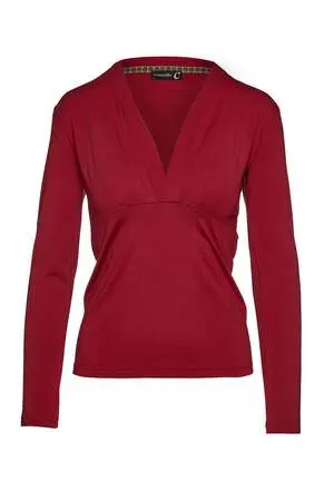 CONQUISTA Long Sleeve Wine Faux Wrap Top In Stretch Jersey Sustainable Fabric - Red