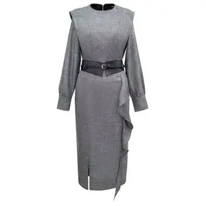 SMART AND JOY Tailor Dress With Wide Shoulder And Vertical Ruffle - Silver