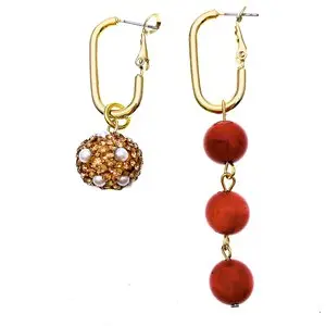 FARRA Coral With Rhinestones Borde Pearls Asymmetric Earrings - Red