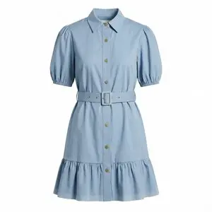MODENAIRE Button Up Mini Dress Sculpted Sleeve - Blue