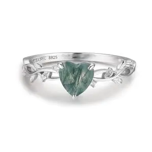 AZURA JEWELRY NEW YORK Heart Moss Agate And White Topaz Ring In White Gold Vermeil - Silver
