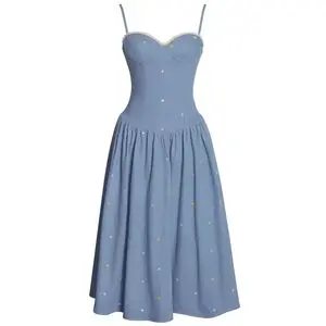 MISS CIRCLE NEW YORK Zadie Cotton Denim Drop Waist Embroidery Flower Midi Dress - Blue