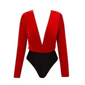 LIA ARAM Two-tone Velvet Bodysuit - Red