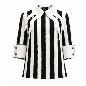 JULIA ALLERT Neutrals Semi-formal Striped Blouse With Double Contrasting Details Ivory - Black