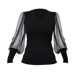 METAMORPHOZA V-neck Top With Tulle Bishop Sleeves - Black