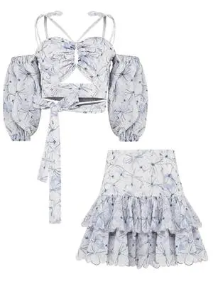 TIA DORRAINE Self-tie Crop Top & Mini Skirt Georgette Set - Blue/white