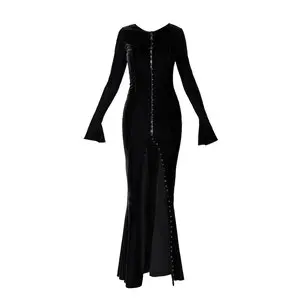 LIA ARAM Velvet Gown With Pearl Button Closure - Black