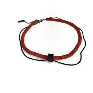 WAIWAI Red / Black Red Leather Choker Necklace With Black Bead String - Red/black