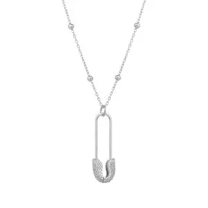 SPERO LONDON Pave Safety Pin Necklace Jewelled With Beaded Chain In Sterling - Silver