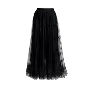 TANTRA SPAIN SL Midi Tulle Skirt With Lace Hem And Bow Detail - Black