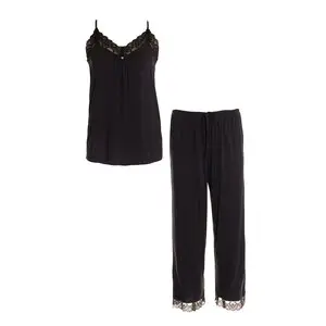 PRETTY YOU Bamboo Lace Cami Cropped Trouser Set In Raven - Black