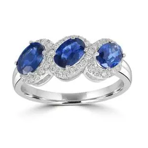 ARTISAN White / Blue Three-stone Sapphire & Diamond Halo Ring In 18k White Gold - White/blue