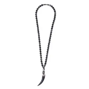 Shar Oke Black / Silver Silver Obsidian & Black Horn Pendant Beaded Necklace - Black/silver