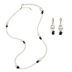 FARRA Baroque Pearls With Tourmaline Long Necklace And Earrings Jewelry Set - Black