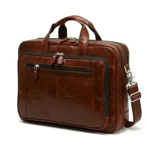 TOURI Genuine Leather Briefcase With Luggage Strap Vintage - Brown